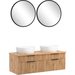 Badmöbel-Set Welltime "Welltime, Carlton Waschtisch-Set, 80 oder 120 cm, gestreift", schwarz (wotnaeiche, schwarz), Set 7: 3tlg. Waschtisch-Set 120cm: 2x Spiegel 60cm und Waschtischmit 2 weißen Aufsatzbecken, Spanplatte, Kastenmöbel-Sets