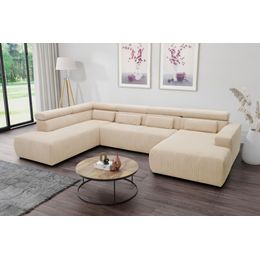 Wohnlandschaft DOMO collection "Brandon, whlw. mit Sitztiefenverstellung, inkl. Nierenkissen", beige (creme), B:359cm H:80cm T:228cm, Kunstleder SOFTLUX;Luxus-Microfaser in Antikleder-Optik (100% Polyester);Luxus-Microfaser (100% Polyester), Sofas, ohne Sitztiefenverstellung, Cord, creme