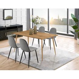 Essgruppe LEONIQUE "Eadwine, TOPSELLER Tisch plus 4 Stühle, Sitzgruppe", grau (hellgrau,), Eichefarbener Esstisch, Sitzmöbel-Sets, bestehend aus Esstisch 160 cm und 4 Esszimmerstühlen, Polsterstühlen