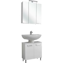 Badmöbel-Set SAPHIR "Quickset 2-teilig, Waschbeckenunterschrank mit LED-Spiegelschrank", weiß (weiß glanz), B:68cm H:200cm T:33cm, Spanplatte, Kastenmöbel-Sets, Waschplatz 68 cm breit, 5 Türen, inkl. Türdämpfer, Griffe Chrom Glanz
