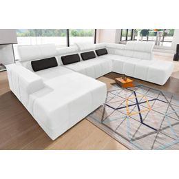 Wohnlandschaft DOMO collection "Brandon, whlw. mit Sitztiefenverstellung, inkl. Nierenkissen", weiß, B:359cm H:80cm T:228cm, Kunstleder SOFTLUX;Luxus-Microfaser in Antikleder-Optik (100% Polyester);Luxus-Microfaser (100% Polyester), Sofas, mit Kopfteilverstellung, wahlweise Sitztiefenverstellung, U-Form
