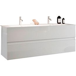 Doppelwaschtisch Welltime "Start, Breite 120 cm, 2 bzw. 3 Schubkästen", weiß, B:120cm H:53cm T:45cm, Waschtische, Badmöbel, Soft-Close, Keramik-Einsatzbecken, Weiß Hochglanz Lack
