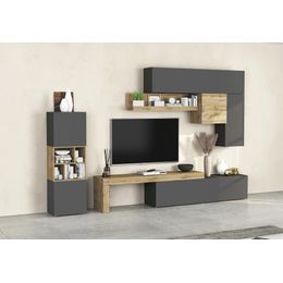 Wohnwand Inosign "Chronos Wohnwand, Medienwand, 8-er set", grau (anthrazit, eiche wotan), Holzwerkstoff, Kastenmöbel-Sets, ca. 320 cm mit Hängeschränke, Würfel, Regal, Lowboard, Made in Italy