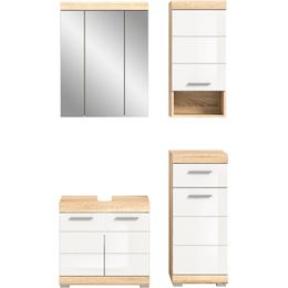 Badmöbel-Set Inosign "Siena, 4 teilig, bestehend aus:", weiß (sonoma eiche hell, weiß hochglanz), B:112cm H:191cm T:34cm, Holzwerkstoff, MDF, Kastenmöbel-Sets, Waschbeckenunterschrank, Spiegelschrank, Unterschrank, Hängeschrank