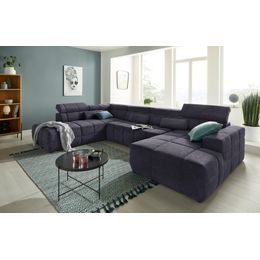 Wohnlandschaft DOMO collection "Brandon, whlw. mit Sitztiefenverstellung, inkl. Nierenkissen", blau (dunkelblau), B:359cm H:80cm T:228cm, Kunstleder SOFTLUX;Luxus-Microfaser in Antikleder-Optik (100% Polyester);Luxus-Microfaser (100% Polyester), Sofas, mit Kopfteilverstellung, wahlweise Sitztiefenverstellung, U-Form