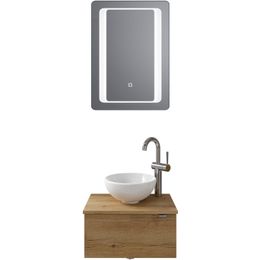 Badmöbel-Set SAPHIR "Serie 6915", braun (halifax eiche, halifax eiche), B:51cm H:200cm T:35cm, Kastenmöbel-Sets, Gäste-Bad, 51 cm breit, mit LED-Spiegel und 1 Tür