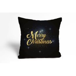 Dekokissen queence "Sternenhimmel", gold (goldfarben, bedruckt), B:40cm L:40cm, Polyester, Dekokissen_Sitzkissen_Kissenh&uuml;llen, Kissenh&uuml;lle,Merry Christmas,Schwarz,Weihnachtsmotiv,Festlich
