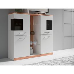 Highboard Home Affaire "Ribe,120cm breit,112cm hoch,Oberplatte massiv,12 Fächer", weiß (weiß, kernbuche), B:120cm H:112cm T:35cm, FSC-zertifizierter Holzwerkstoff, Massivholz, Sideboards, Oberplatte Massivholz,schwarze Metall Griffe,2 Türen mit Glaseinsatz