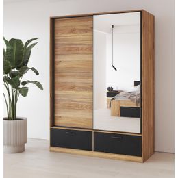 Schwebetürenschrank Home Affaire "Faweza,Breite 200 cm, Wäscheschrank incl. kompletter Innenausstattung", beige (eiche mauvella, schwarz), B:150 H:209 T:60,5, ABS-Kunststoff, Schränke, Schiebetürenschrank mit Schubladen, Kleiderschrank, Spiegeltür