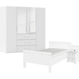 Schlafzimmer-Set Rauch "Komplettschlafzimmer Schlafzimmer EVELYN", weiß (alpinweiß), Bett 120x200cm + ohne Matratze, B/H: 120cm x 200cm, Bett 120x200cm, Holzwerkstoff, Schlafzimmermöbel-Sets, Schrank und Bett in 2 Breiten, Nachttisch mit Paneel MADE IN GERMANY