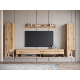 Wohnwand Inosign "AMADEO II", braun (eichefarben votan, eichefarben votan), B:260cm H:130cm T:32,5cm, Kastenmöbel-Sets, Vitrine Türanschlag links/rechts wechselbar, Hängeversion