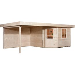 Gartenhaus Weka "Designhaus 213 Plus", beige (naturbelassen), Fußboden im Gartenhaus, Rückwand, Gartenhäuser, mit Anbaudach und Rückwand