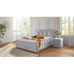Boxbett LEONIQUE "Alfie, Topseller Inkl. Bettkasten&Topper", grau (hellgrau), L:211cm, Holzwerkstoff, Spanplatte, Komplettbetten, Wahlweise mit Knopfsteppung oder Strasssteinen, H2, H3 und H4 wählbar, Topseller