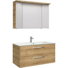 Badmöbel-Set SAPHIR "Trentino 2-teilig Glas-Waschtisch, Spiegelschrank mit LED-Leuchte", braun (riviera eiche quer nb), Kastenmöbel-Sets, Badmöbel-Set 107cm breit, inkl. Türdämpfer, 3 Türen, 2 Auszügen