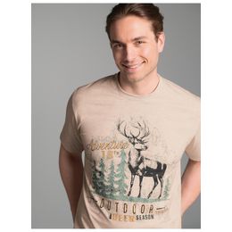T-Shirt TRIGEMA "TRIGEMA T-Shirt mit großem Hirsch-Printmotiv", Herren, Gr. L, sand, melange, 100% Baumwolle, Shirts