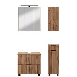 Badmöbel-Set Welltime "Trento, Badezimmer-Set, Waschbeckenunterschrank, Hängeschrank", braun (wotaneiche rille), B:90cm H:200cm T:35cm, Holzwerkstoff, MDF, Kastenmöbel-Sets, Unterschrank, Waschbeckenunterschrank, Spiegelschrank, Aufbauleuchte