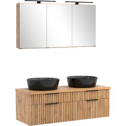 Badmöbel-Set Welltime "Welltime, Carlton Waschtisch-Set, 80 oder 120 cm, gestreift", schwarz (wotnaeiche, schwarz), Set 16: 2tlg. Waschtisch-Set 120cm: Spiegelschrank 120cm und Waschtischmit 2 schwarzen Aufsatzbecken, Spanplatte, Kastenmöbel-Sets