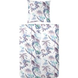Bettwäsche Primera "Flowerful", weiß (weiß, blau), B/L: 155cm x 220cm, 1 Stk., 1 Stk., Mako-Satin, B/L: 80cm x 80cm, 2 Stk., Mako-Satin, Obermaterial: 100% Baumwolle, Bettwäsche, mit wilder Blumenranke