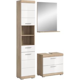 Badmöbel-Set Inosign "Siena, 3 teilig, bestehend aus:", weiß (eiche sonoma hell nb, weiß hochglanz mdf tz), B:112cm H:191cm T:34cm, Holzwerkstoff, MDF, Kastenmöbel-Sets, Hochschrank, Waschbeckenunterschrank, Spiegel