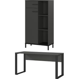 Büromöbel-Set Germania "GW-Rovigo", grau (graphit, schwarz), B:229cm H:120cm T:60cm, Metall, Spanplatte, Arbeitsmöbel-Sets, Schreibtisch mit Knieblende, Made in Germany