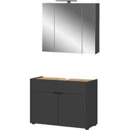 Badmöbel-Set Germania "Ameca", grau (graphit, navarra, eiche, nachbildung), B:80cm H:200cm T:34cm, Glas, Spanplatte, Kastenmöbel-Sets, Badezimmer-Set bestehend aus Waschbeckenunterschrank & Spiegelschrank