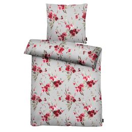 Bettwäsche Apelt "Hanami Gots", grau (grau, rot), B/L: 135cm, 1 Stk., 1 Stk., Satin (Bio-Baumwolle), B/L: 80cm x 80cm, 2 Stk., Satin (Bio-Baumwolle), Obermaterial: 100% Baumwolle, Bettwäsche, Blütenzweig