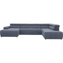 Wohnlandschaft DOMO collection "Brandon, whlw. mit Sitztiefenverstellung, inkl. Nierenkissen", blau (dunkelblau), B:359cm H:80cm T:228cm, Kunstleder SOFTLUX;Luxus-Microfaser in Antikleder-Optik (100% Polyester);Luxus-Microfaser (100% Polyester), Sofas, mit Kopfteilverstellung, wahlweise Sitztiefenverstellung, U-Form