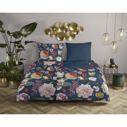Wendebettwäsche Descanso "Fiori", blau, B/L: 135cm x 200cm, 1 Stk., 1 Stk., Satin (Bio-Baumwolle), B/L: 80cm x 80cm, 2 Stk., Satin (Bio-Baumwolle), Obermaterial: 100% Baumwolle, Bettwäsche, Baumwolle, Satin, 135x200, Biese, Reißverschluss, Wende, Blumen Sand