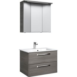 Badmöbel-Set SAPHIR "Trentino 2-teilig Mineralmarmor-Waschtisch mit LED-Spiegelschrank", grau (graphit struktur quer nb), Kastenmöbel-Sets, Badmöbel-Set 77cm breit, inkl. Türdämpfer, 3 Türen, 2 Auszügen