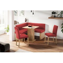 Eckbankgruppe MASSIVLINE & MORE "Anna 2", braun (holzwerkstoff mit farbe golden oakg, lotos 5269 rot, rot, golden oak), Kunstleder, Eckbank Anna 130cm x 130cm,Säulentisch Anna 68cm x 68cm,2 x Stühle Anna,Golden Oak dekor,Lotos 5269 rot, Holzwerkstoff, Kunstleder, Sitzmöbel-Sets, mit 2 Stühlen mit massiven Gestell