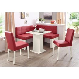 Eckbankgruppe MASSIVLINE & MORE "Anna 2", rot (holzwerkstoff mit farbe weiß, lotos 5269 rot, rot, weiß), Kunstleder, Eckbank Anna 130cm x 130cm,Säulentisch Anna 68cm x 68cm,2 x Stühle Anna,Weiß dekor,Lotos 5269 rot, Holzwerkstoff, Kunstleder, Sitzmöbel-Sets, mit 2 Stühlen mit massiven Gestell