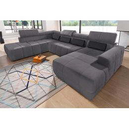 Wohnlandschaft DOMO collection "Brandon, whlw. mit Sitztiefenverstellung, inkl. Nierenkissen", grau (dunkelgrau), B:359cm H:80cm T:228cm, Kunstleder SOFTLUX;Luxus-Microfaser in Antikleder-Optik (100% Polyester);Luxus-Microfaser (100% Polyester), Sofas, ohne Sitztiefenverstellung, Luxus-Microfaser, dunkelgrau