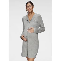 Umstandsnachthemd Lascana, Damen, Gr. 32/34, N-Gr, grau, Single Jersey, Obermaterial: 95% Viskose, 5% Elasthan, meliert, sehr bequem kniefrei, V-Ausschnitt, eingesetzt Manschette, Kleider, mit Knopfleiste und Raffung an der Seitennaht