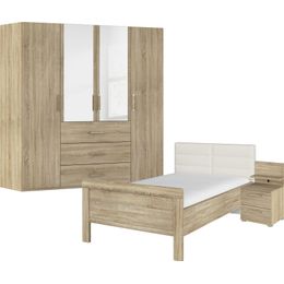 Schlafzimmer-Set Rauch "Komplettschlafzimmer Schlafzimmer EVELYN", braun (eiche sonoma), Bett 120x200cm + ohne Matratze, B/H: 120cm x 200cm, Bett 120x200cm, Holzwerkstoff, Schlafzimmermöbel-Sets, Schrank und Bett in 2 Breiten, Nachttisch mit Paneel MADE IN GERMANY