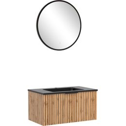 Badmöbel-Set Welltime "Welltime, Carlton Waschtisch-Set, 80 oder 120 cm, gestreift", schwarz (wotnaeiche, schwarz), Set 2: 2tlg. Waschtisch-Set 80cm: Spiegel 60cm und Waschtischmit schwarzem Auflagebecken, Spanplatte, Kastenmöbel-Sets