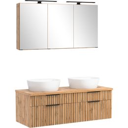 Badmöbel-Set Welltime "Welltime, Carlton Waschtisch-Set, 80 oder 120 cm, gestreift", schwarz (wotnaeiche, schwarz), Set 15: 2tlg. Waschtisch-Set 120cm: Spiegelschrank 120cm und Waschtischmit 2 weißen Aufsatzbecken, Spanplatte, Kastenmöbel-Sets