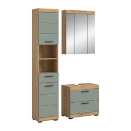 Badmöbel-Set Inosign "Siena, 3 teilig, bestehend aus:", grün (artisan eiche nb, salbei nb), B:112cm T:34cm, Holzwerkstoff, MDF, Kastenmöbel-Sets, Hochschrank, Waschbeckenunterschrank, Spiegelschrank