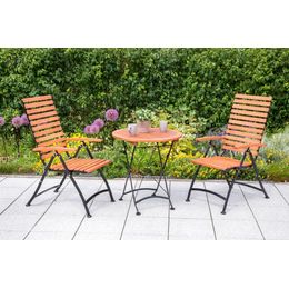 Garten-Essgruppe Merxx "Schloßgarten", schwarz (schwarz, braun geölt, braun, schwarz), FSC-zertifiziertes Massivholz, Stahl, Sitzmöbel-Sets, 2 Sessel, klappbar, Tisch Ø/Höhe: 70x74 cm, Eukalyptus geölt