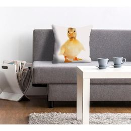 Dekokissen queence "Manuel", gelb (gelb, bedruckt), B:40 L:40, Polyester, Dekokissen_Sitzkissen_Kissenhüllen, Kissenhülle,Ente,Tiermotiv,Niedlich,Haustier,Verspielt,Zart
