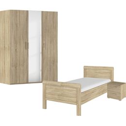 Schlafzimmer-Set Rauch "Komplettschlafzimmer Schlafzimmer EVELYN", braun (eiche sonoma), Bett 100x200cm + ohne Matratze, B/H: 100cm x 200cm, Bett 100x200cm, Holzwerkstoff, Schlafzimmermöbel-Sets, Schrank und Bett in 2 Breiten, Nachttisch 2 Schubladen MADE IN GERMANY