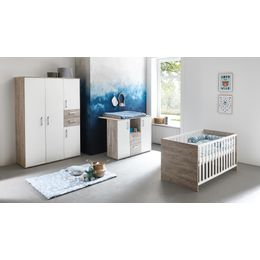 Babyzimmer-Komplettset Arthur Berndt "Bente", Baby, Gr. Kinderbett, Schrank & Wickelkommode Flachgitter, B/H: 70cm x 140cm, Kinderbett, Schrank & Wickelkommode Flachgitter, weiß (weiß, eiche sand nb), Holzwerkstoff, Massivholz, Schlafzimmermöbel-Sets, Made in Germany; mit Kinderbett, Schrank und Wickelkommode