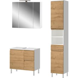 Badmöbel-Set Germania "Torrance", weiß (weiß, grandson, eiche, nachbildung), B:109cm H:190cm T:34cm, Kastenmöbel-Sets, Waschbecken-Unterschrank, Spiegelschrank mit Beleuchtung, Hochschrank