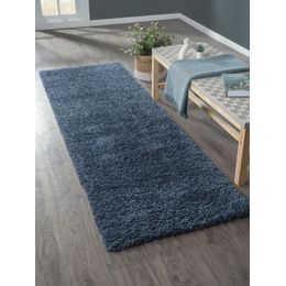 Hochflor-Läufer "My Shaggy", blau (dunkelblau), B:80cm, Polypropylen (PP), MyFlair MÖBEL & ACCESSOIRES, Teppiche, Shaggy, Uni Farben, leicht glänzend, Microfaser, extra flauschig