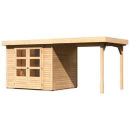 Gartenhaus Karibu "Arnis", beige (naturbelassen), ohne Fußboden, ohne Rück- und Seitenwand, ohne Dacheindeckung, Holzwerkstoff, Gartenhäuser, mit Anbaudach 2,40 m Breite