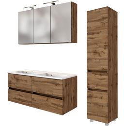 Badmöbel-Set Welltime "Welltime Möbel Baabe Waschtisch-Set 3tlg. oder 5tlg.", braun (wotaneiche), Set 8 3tlg.: Waschtisch 120cm breit, Spiegelschrank 120cm breit, Seitenschrank, Holzwerkstoff, Kastenmöbel-Sets, gedämpfte Scharniere und Softclose-Funktion, inklusive LED-Beleuchtung
