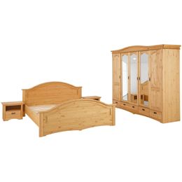 Schlafzimmer-Set Home Affaire ""Konrad", komplettes Schlafzimmer mit großem Schrank", beige (gelaugt, geölt), Schlafzimmermöbel-Sets, klassischer Landhausstil, Metallgriffe, Massivholz (Kiefer)