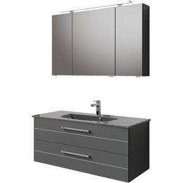 Badmöbel-Set SAPHIR "Serie 6025 2-teilig Mineralmarmor-Waschtisch mit LED-Spiegelschrank", grau (quarzgrau matt select), B:117cm H:200cm T:48cm, Spanplatte, Kastenmöbel-Sets, Waschplatz 117cm breit, 2 Schubladen, 3 Spiegel-Türen, inkl Türdämpfer