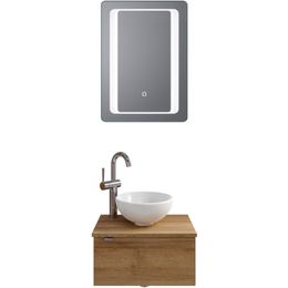 Badmöbel-Set SAPHIR "Serie 6915", braun (riviera eiche, riviera eiche), B:51cm H:200cm T:35cm, Kastenmöbel-Sets, Gäste-Bad, 51 cm breit, mit LED-Spiegel und 1 Tür