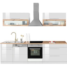Küchenzeile KOCHSTATION "KS-Wien", weiß (küche: weiß, front: weiß hochglanz, korpus: weiß, arbeitsplatte: eiche sonoma), B:270cm T:60cm, Komplettküchen-Sets, Küchenzeile, Breite 270 cm, wahlweise mit E-Geräten