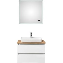 Badmöbel-Set SAPHIR "Quickset 360 2-teilig, Keramik-Aufsatzbecken mit LED-Spiegel", weiß (weiß glanz, riviera eiche quer nachbildung), Kastenmöbel-Sets, Waschplatz 78 cm breit, 2 Schubladen, inkl. Schubladendämpfer